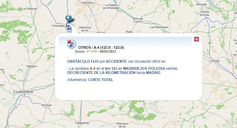 El vuelco de un camión provoca el corte de la A-4 en Madridejos